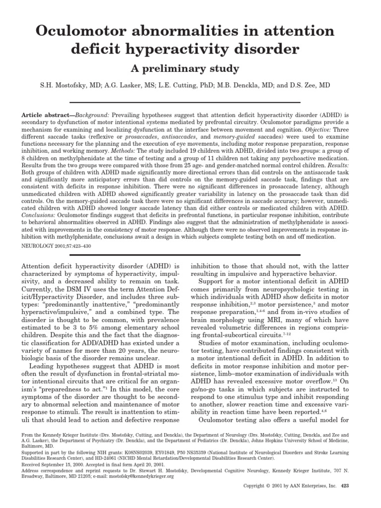 2001 - Mostofsky - Oculomotor Abnormalities in Attention Deficit Hyperactivity Disorder | PDF ...