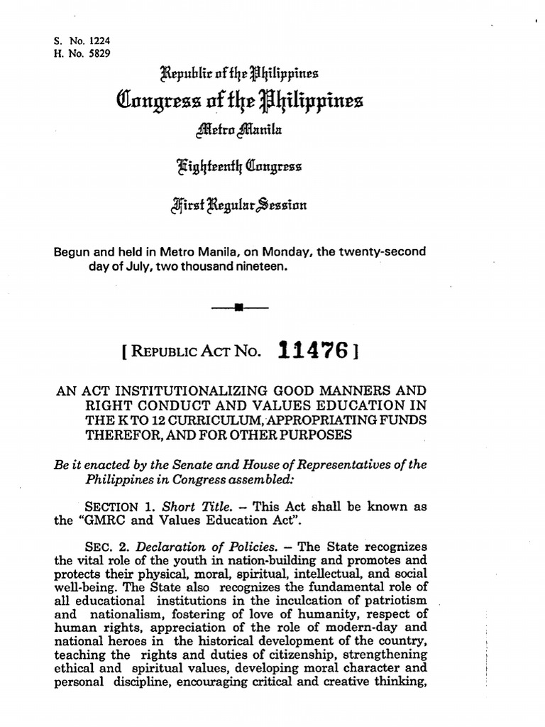 GMRC and Values Education Act Overview | PDF | Teachers | Curriculum