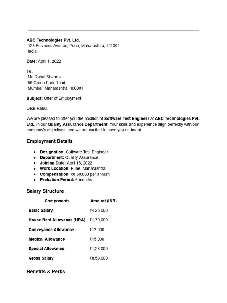 Employment Offer for Software Test Engineer | PDF