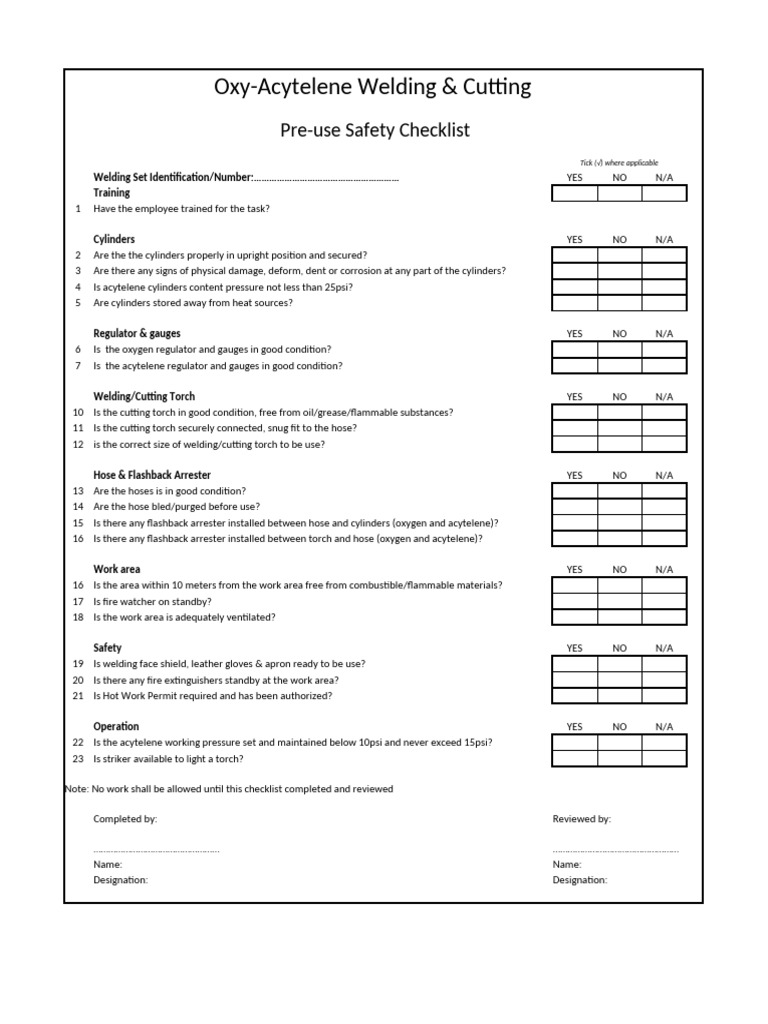 Oxy-Acetylene Welding Safety Checklist | PDF | Welding | Construction