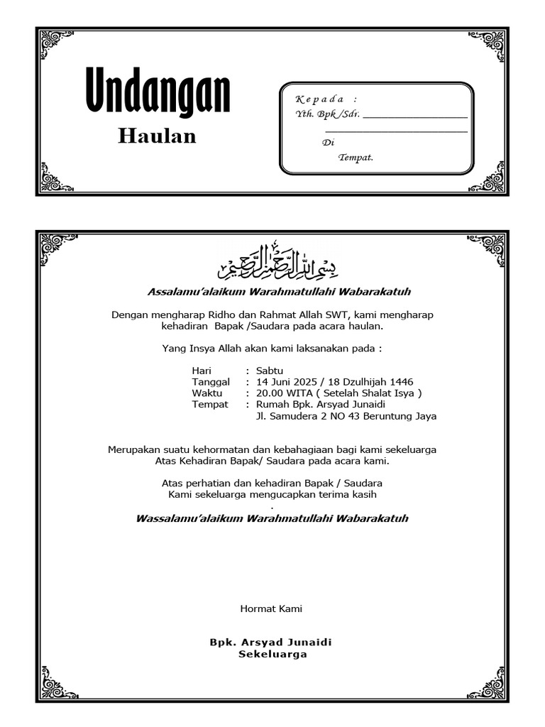 Undangan Haulan Bpk. Arsyad Junaidi | PDF