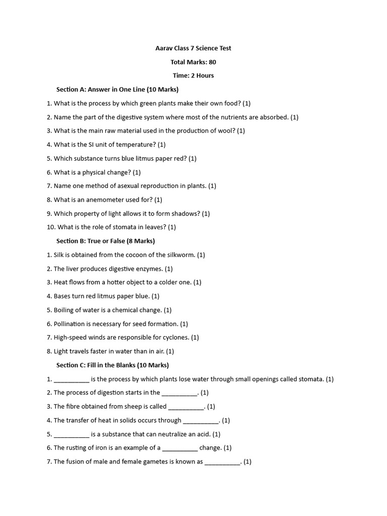 Aarav Class 7 Science Test | PDF | Plants | Photosynthesis