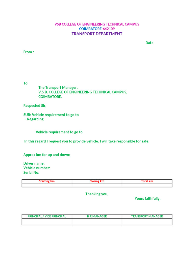 Vehicle Requesting Format | PDF
