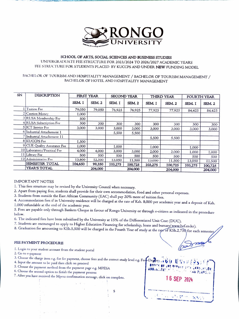Rongo University Fee Structure Bachelor of Arts Tourism | PDF | Fee ...