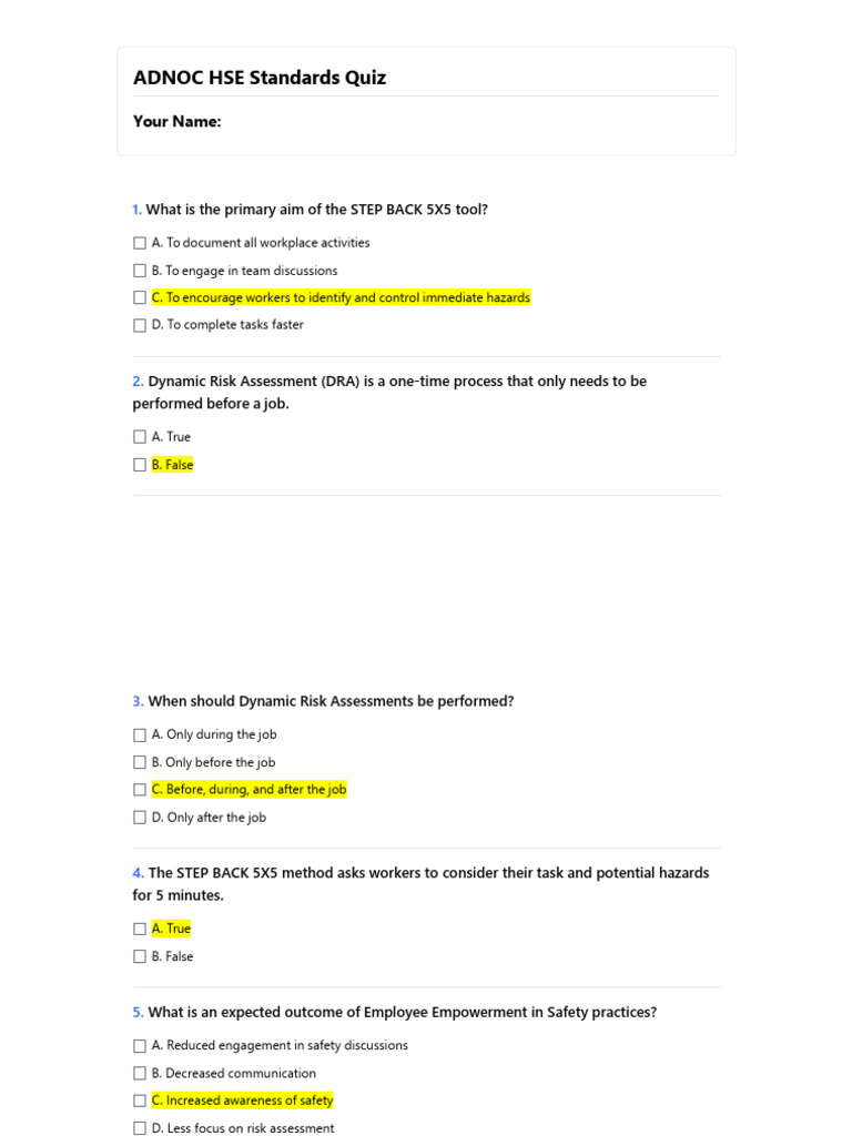 ADNOC HSE Standards Quiz Overview | PDF | Safety | Risk
