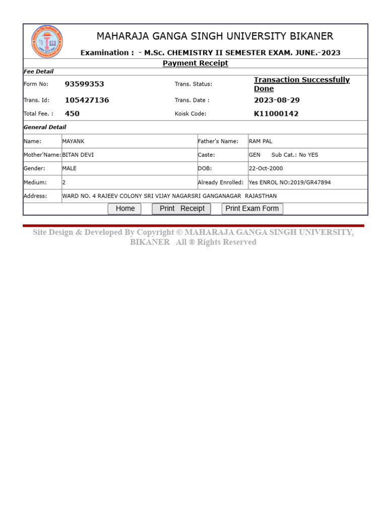 M.Sc. Chemistry Exam Payment Receipt | PDF