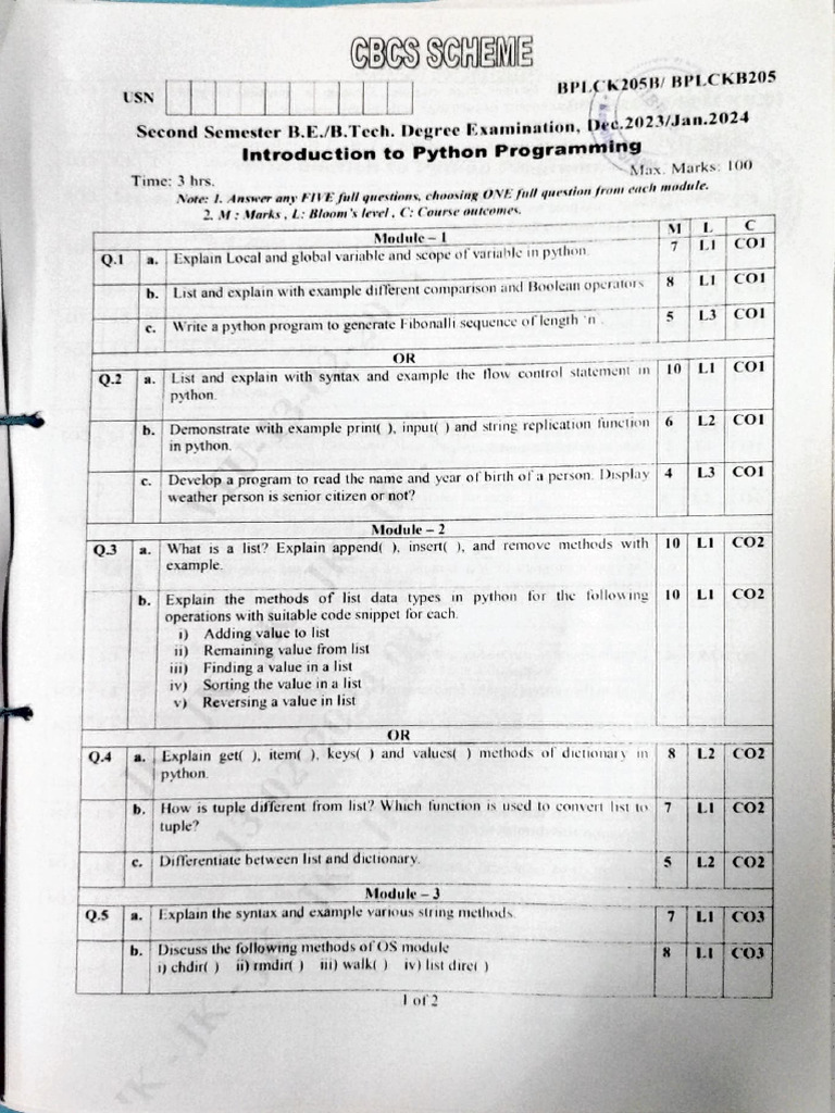 Vtu Dec 2023-Jan 2024 - Python | PDF | Python (Programming Language) | Computer Programming