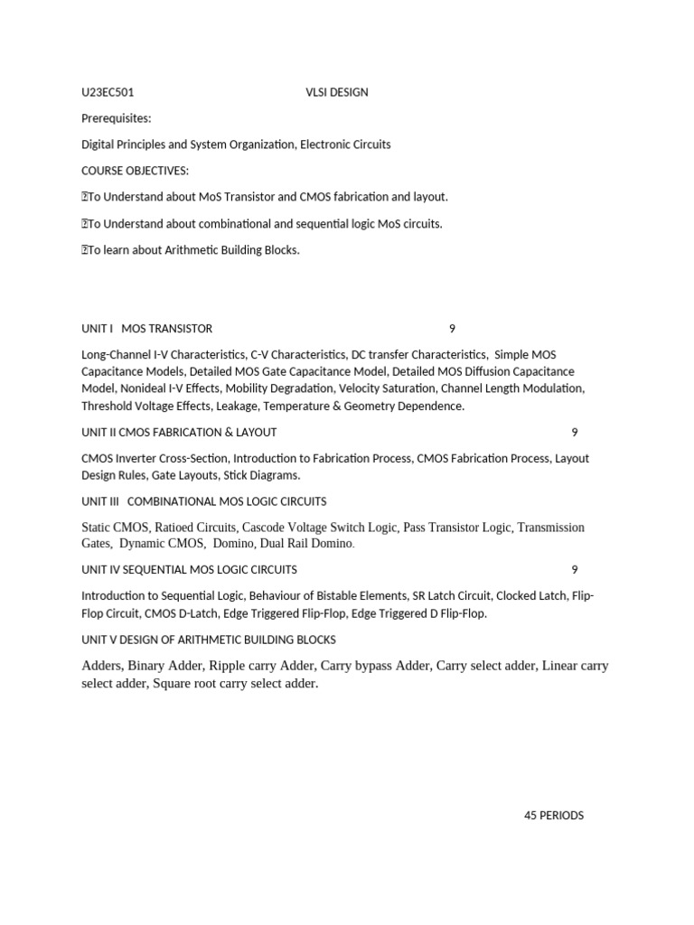 U23ec501 Vlsi Design Syllabus | PDF | Mosfet | Cmos