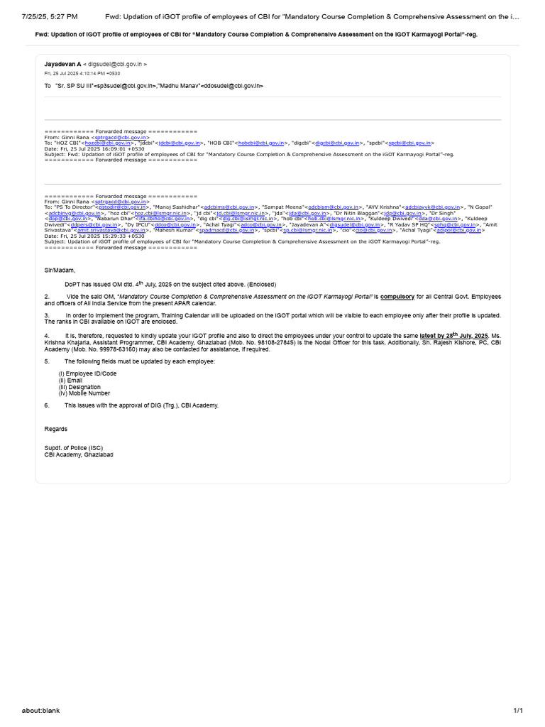 Updation of iGOT Profile of Employees of CBI For "Mandatory Course Completion & Comprehensive ...