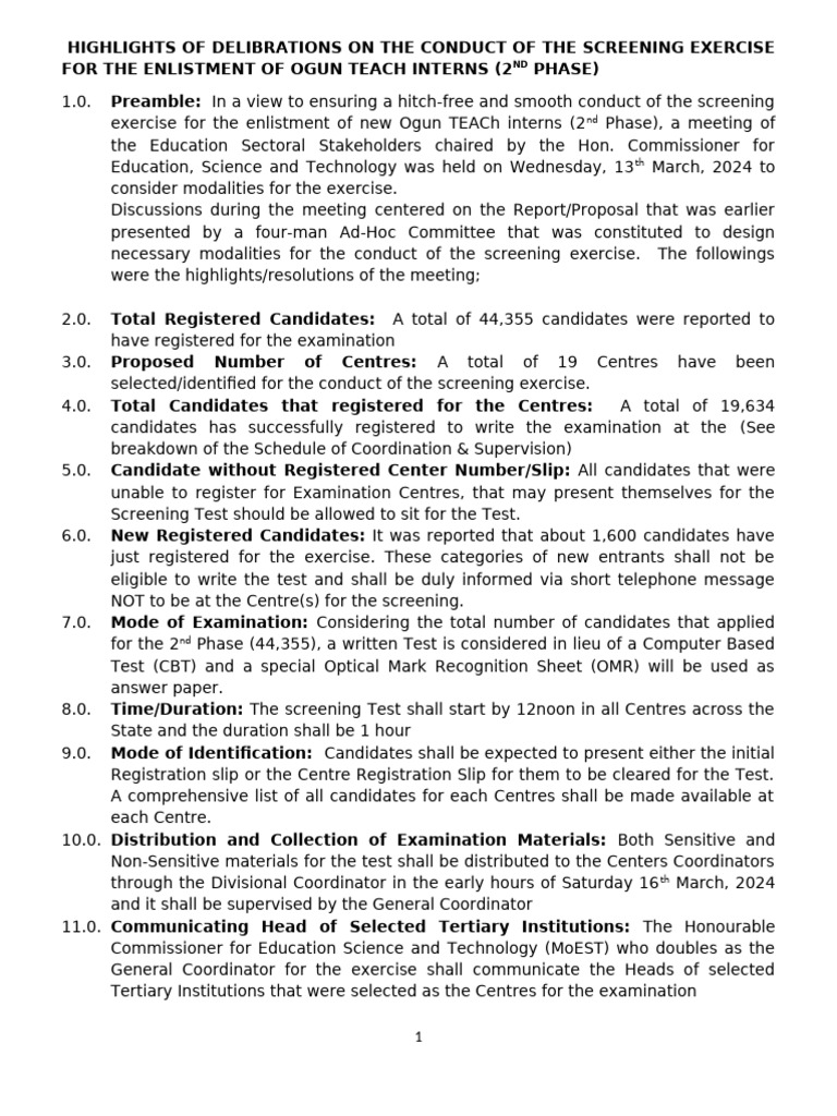 Highlights of Delibrations On The Conduct of The Screening Exercise For ...