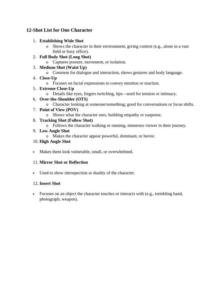 12 Character Shot List Examples | PDF