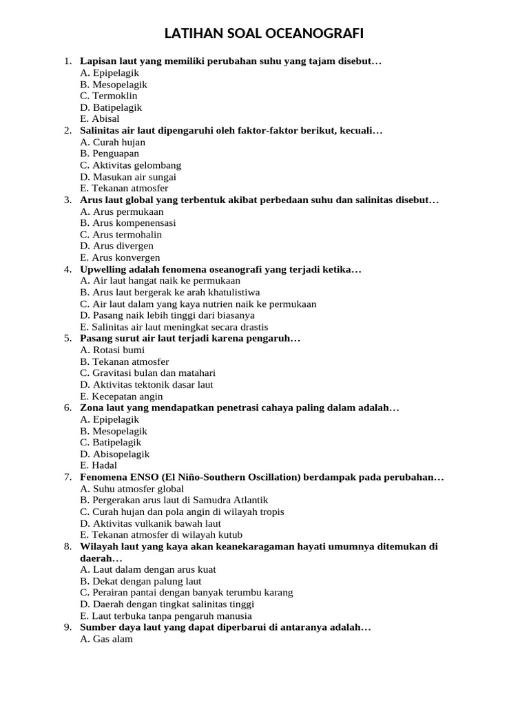Soal Latihan Oceanografi Lengkap | PDF