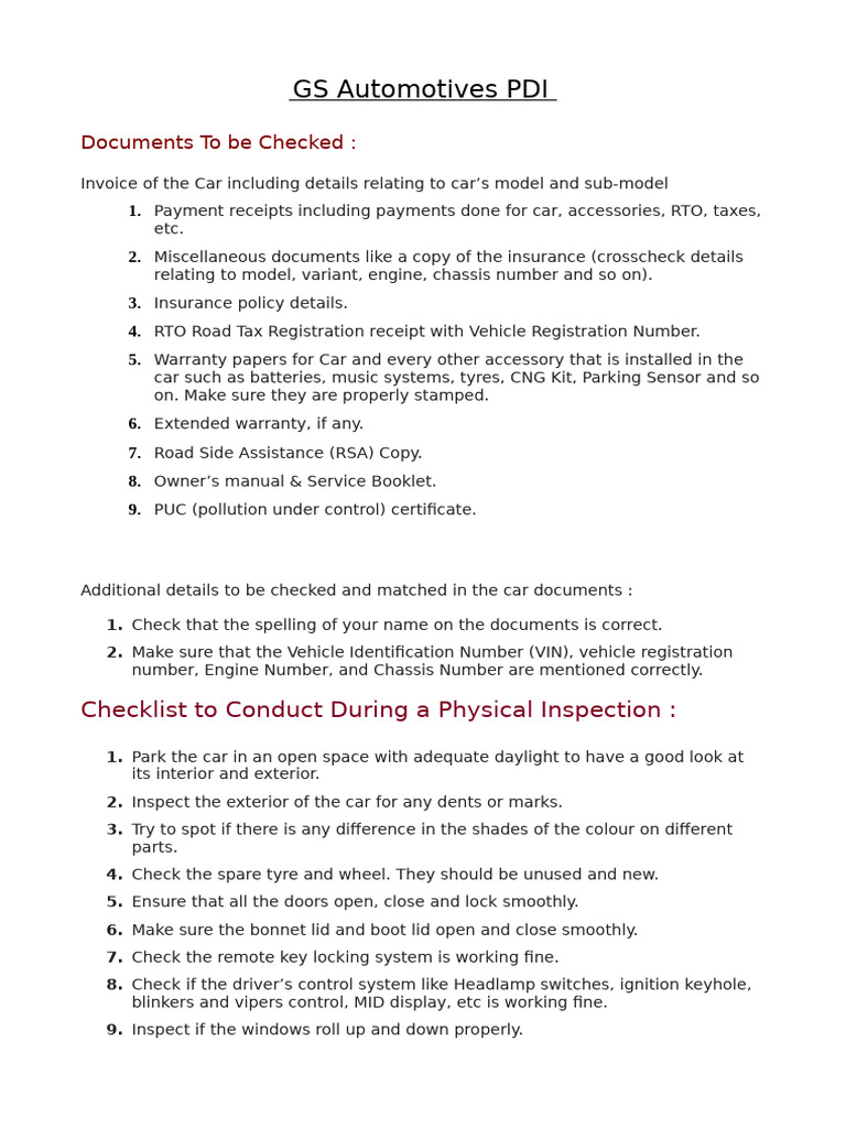 PDI List | PDF | Car | Receipt