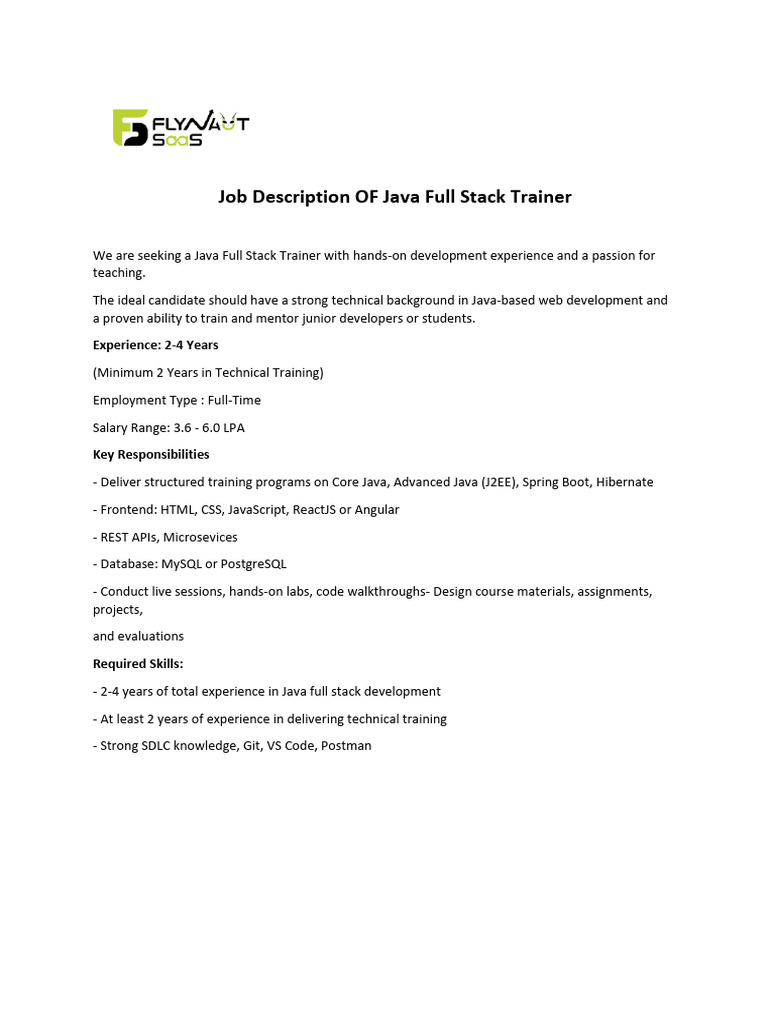 Job Description of Java Full Stack Trainer | PDF