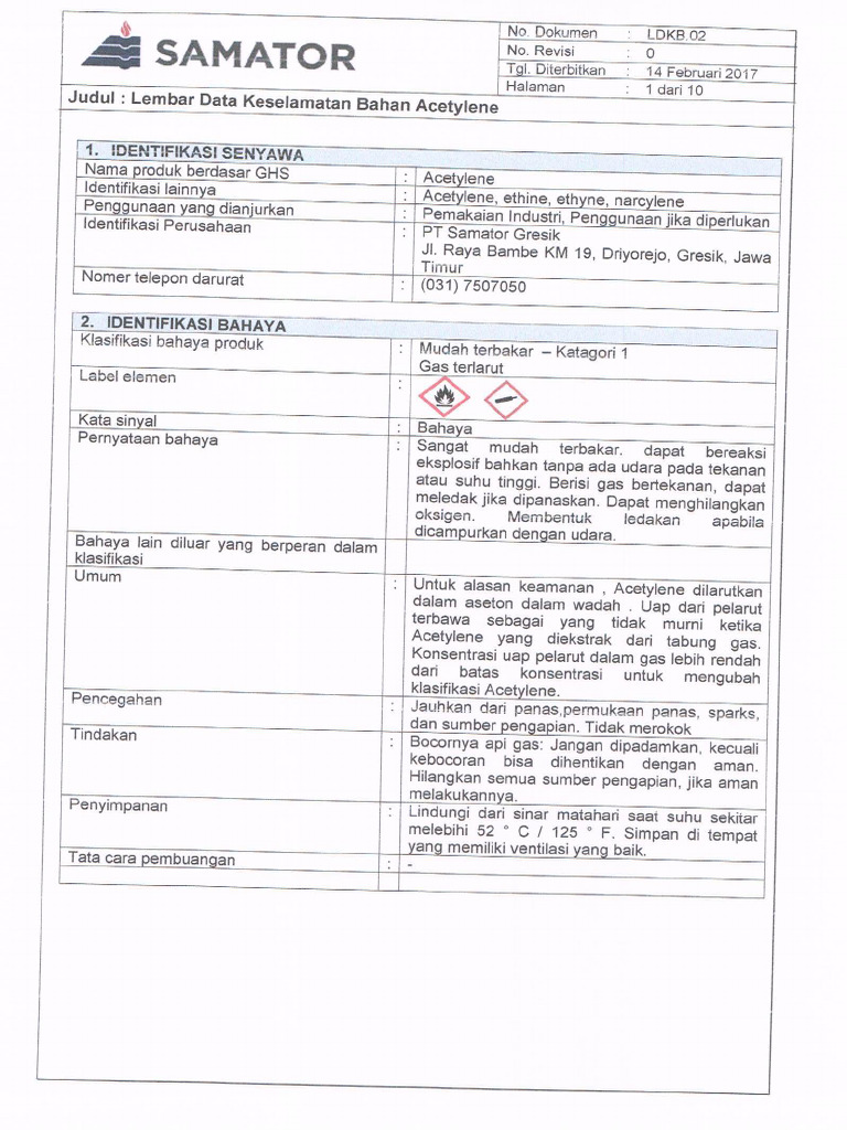 Msds LDKB Acetylene (Gresik) | PDF