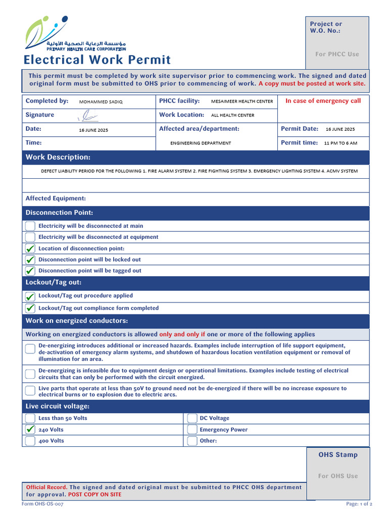Electrical Work Permit MES | PDF | Personal Protective Equipment | Voltage