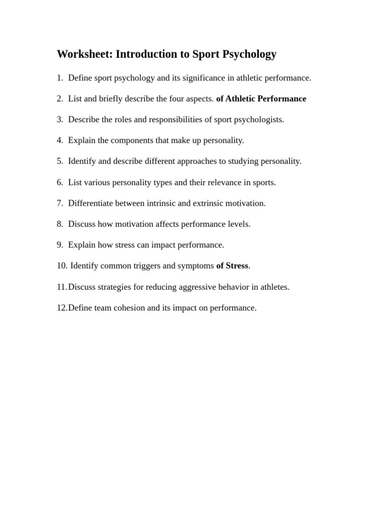 Intro to Sport Psychology Worksheets | PDF