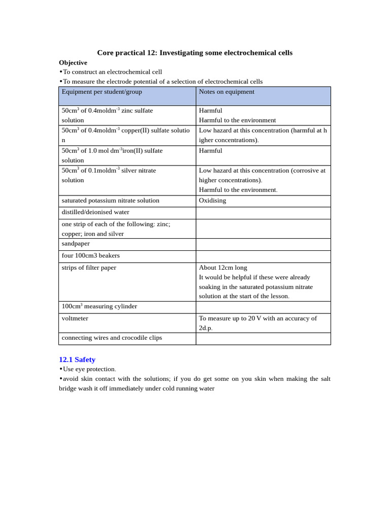 Core Practical 12 Investigating Some Electrochemical Cells | PDF | Magnesium | Salt (Chemistry)