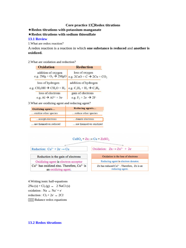 Core Practice 13 Redox Titrations | PDF | Redox | Chemistry