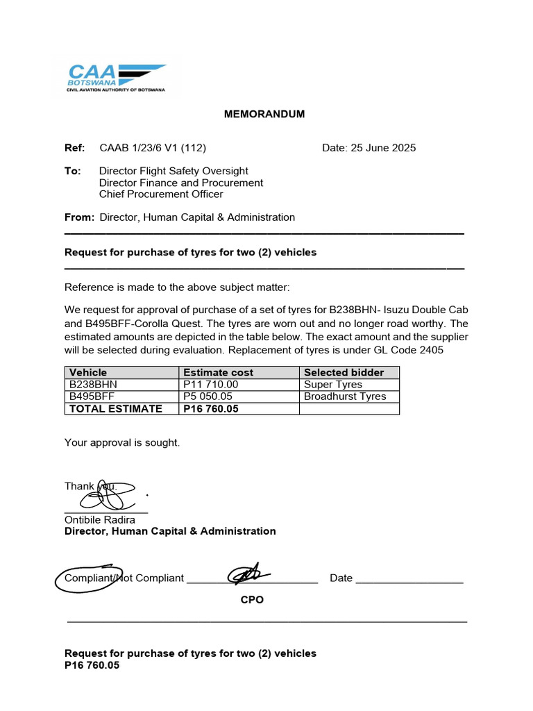 Request For Purchase of Tyres Memo | PDF | Motor Vehicle | Vehicles