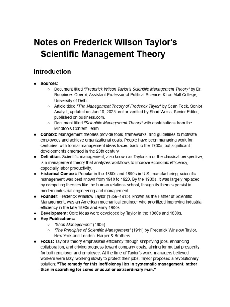 Frederick Taylor's Scientific Management | PDF | Lean Manufacturing ...
