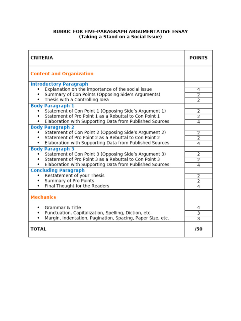 Argumentative Essay Rubric Guide | PDF