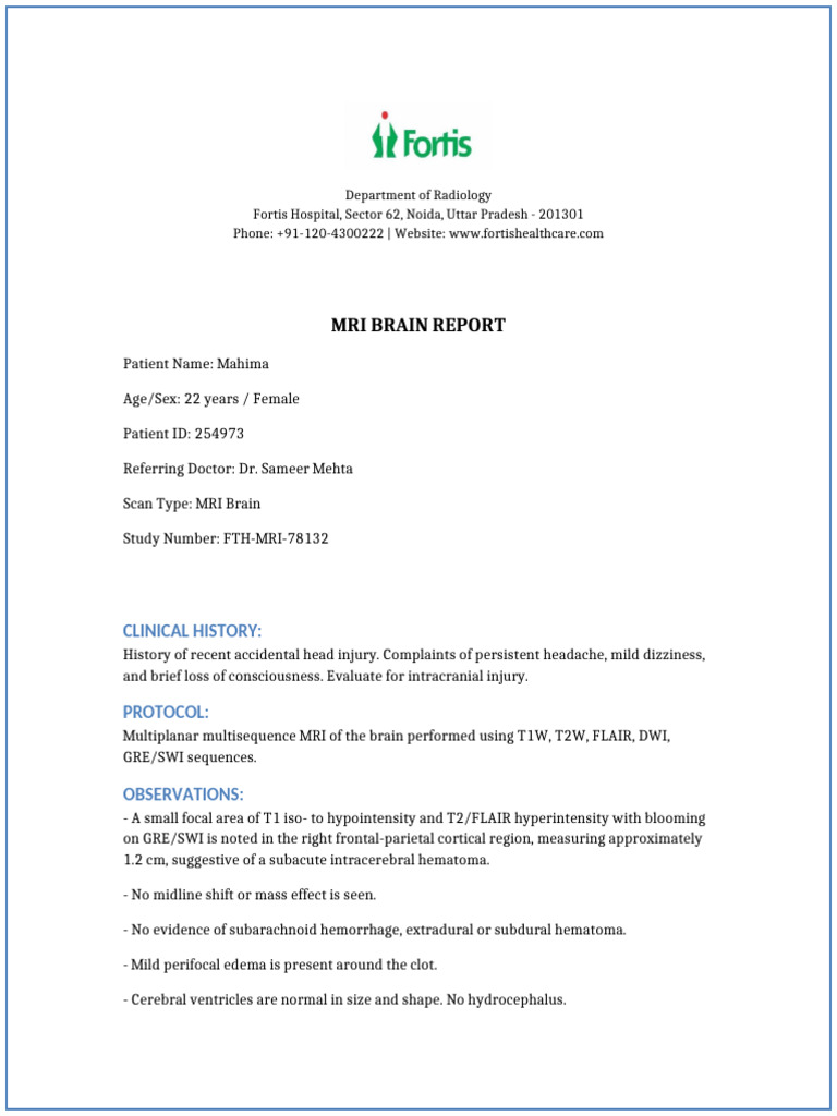 MRI Brain Report: Subacute Hemorrhage | PDF