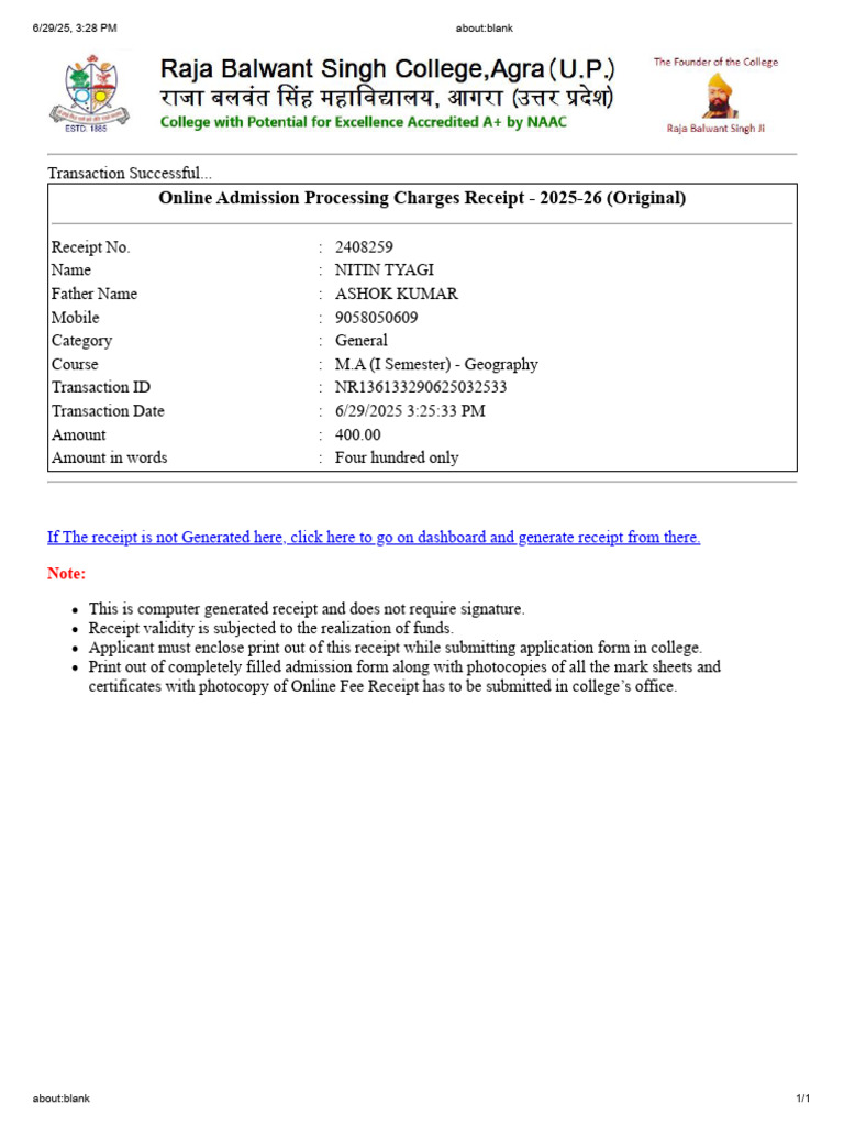 Online Admission Receipt 2025-26 | PDF