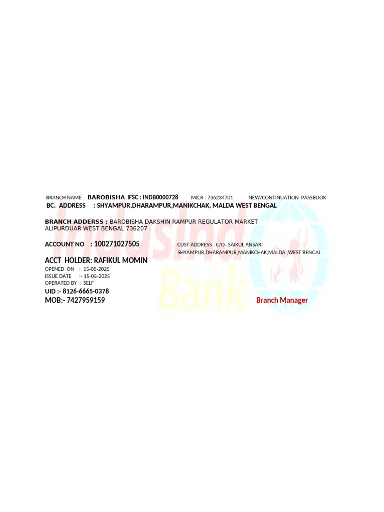 Barobisha IndusInd Bank Passbook Details | PDF