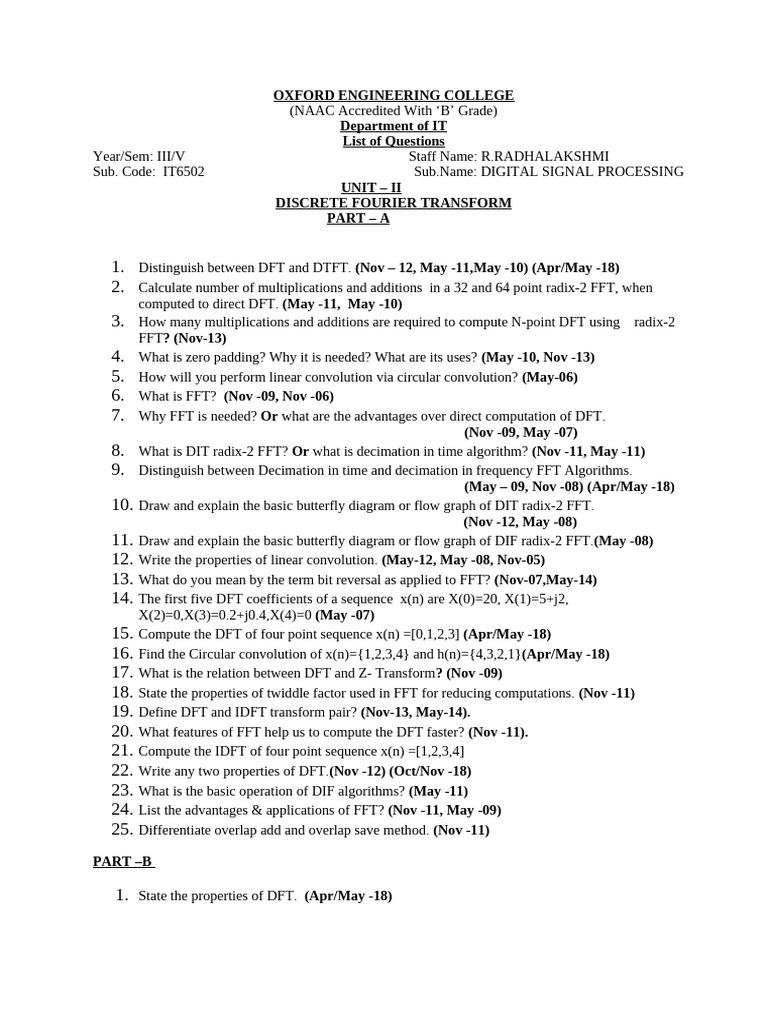 It DSP Question Bank | PDF | Discrete Fourier Transform | Fast Fourier ...