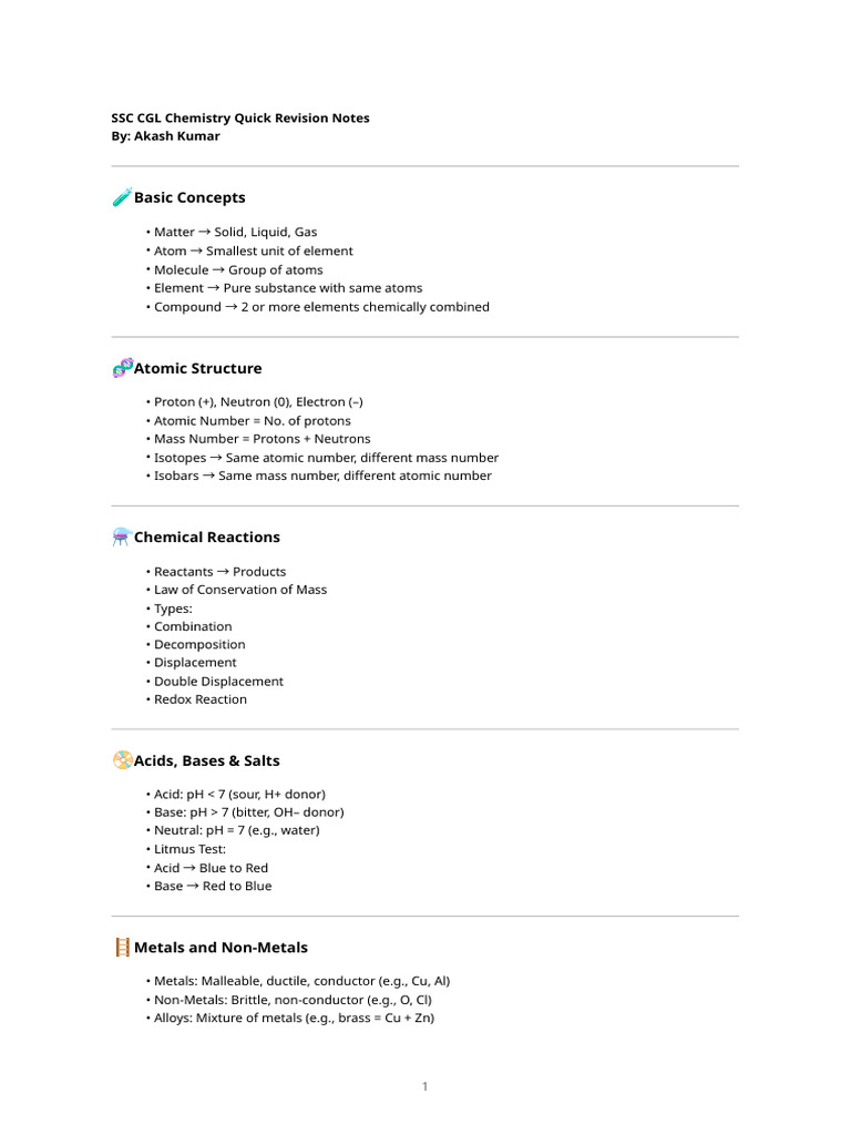 SSC CGL Chemistry Notes | PDF