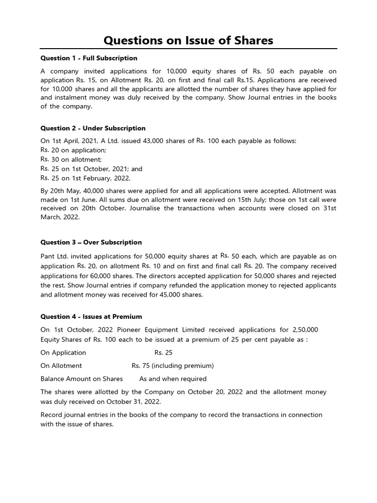 Journal Entries for Share Issues | PDF | Equity (Finance) | Corporations