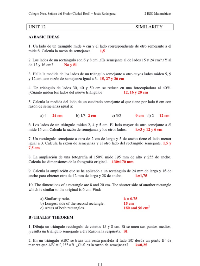 Unit 12 - Similarity Word Problems (English + Spanish) | PDF