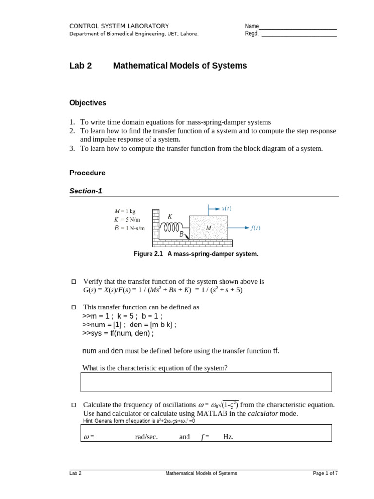 Experiment 2 Mathematical Models of Systems | PDF | Damping | Function ...