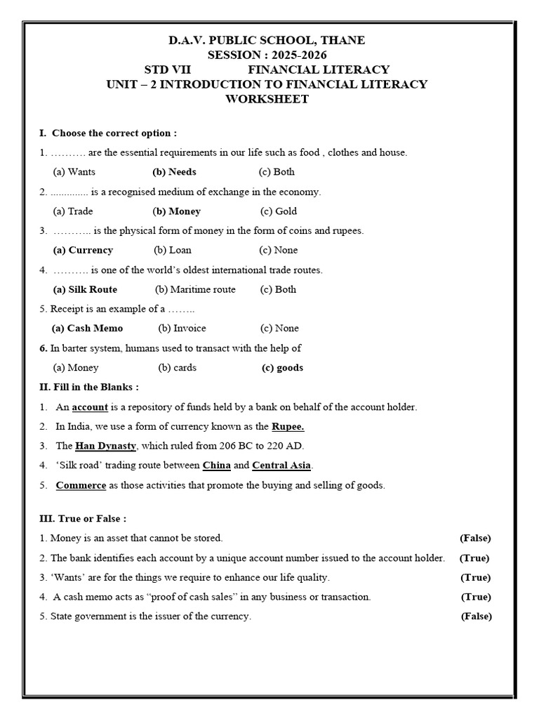 Grade 7 Financial Literacy Worksheet | PDF | Money | Cash
