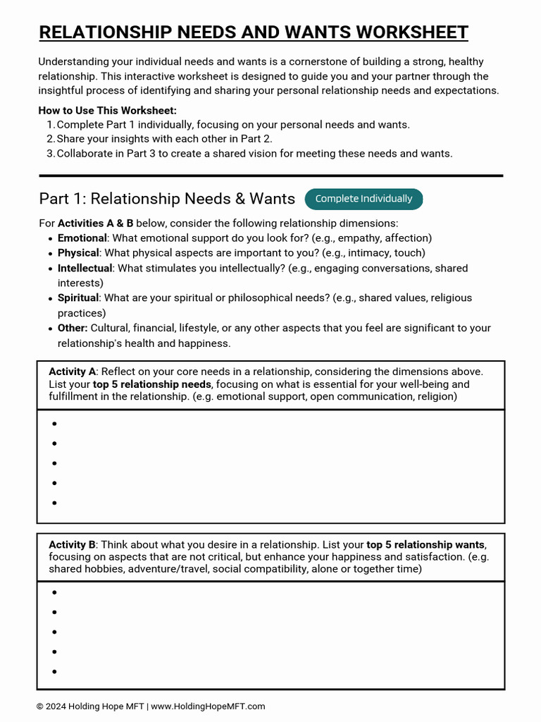 Relationship Needs and Wants Worksheet | PDF | Intimate Relationships ...