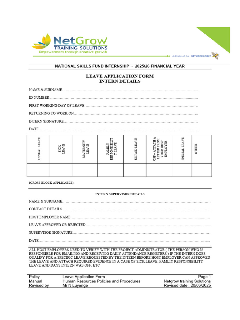 NSF Internship Leave Application Form | PDF | Internship | Job Hunting
