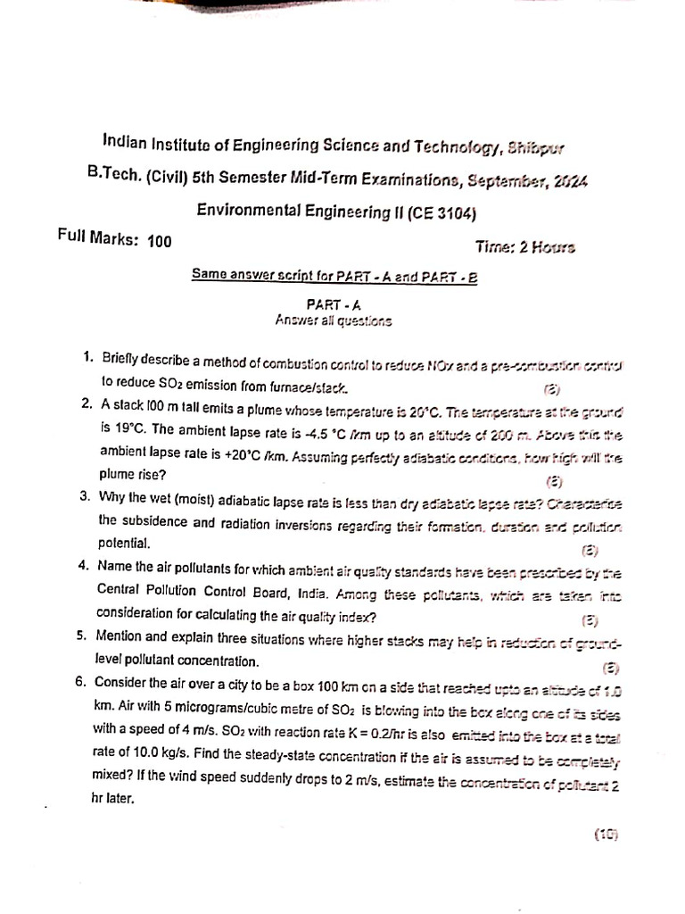 Enviornment Engineering - 2 (Ce3104) Midsem 2024 | PDF