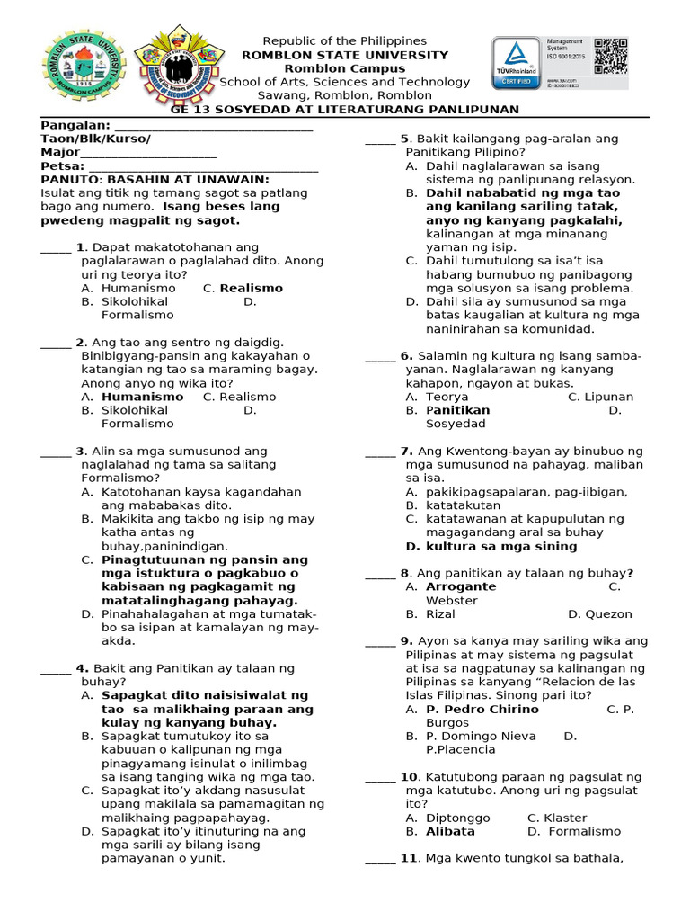 Midterm Exam Ge 12 Sosyedad at Literatura | PDF