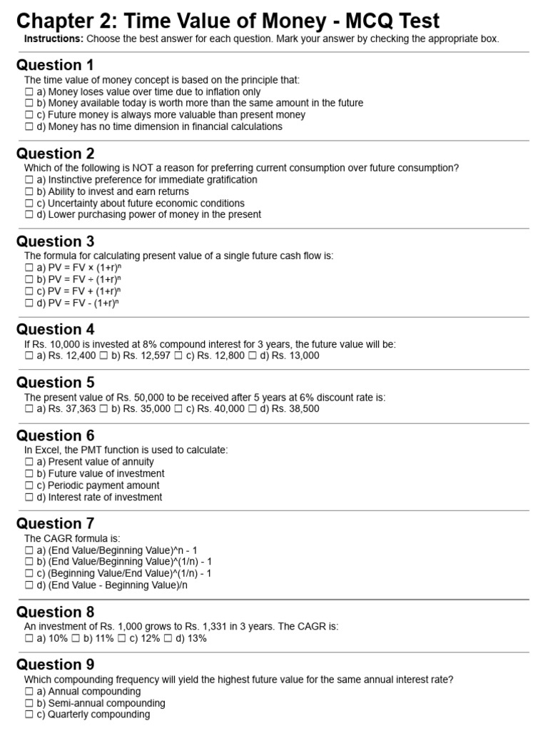 Time Value of Money MCQ Test | PDF | Present Value | Time Value Of Money