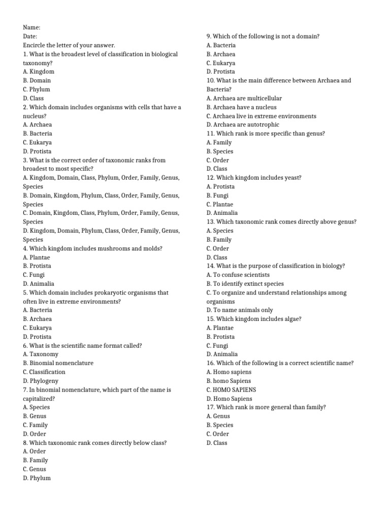 Biological Classification Quiz | PDF | Genus | Taxonomy (Biology)
