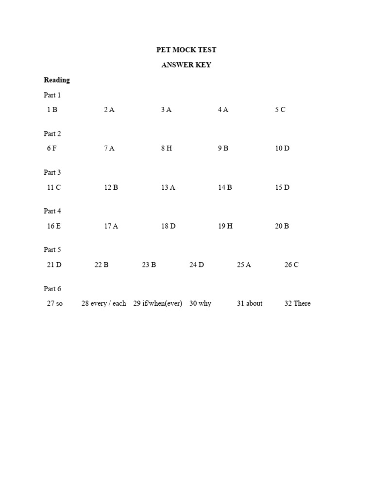 PET Mock Test Answer Key and Samples | PDF | Word | Vocabulary