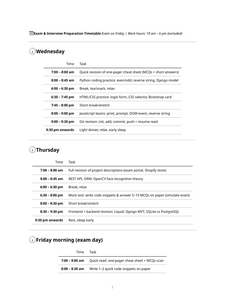 Exam & Interview Prep Timetable | PDF