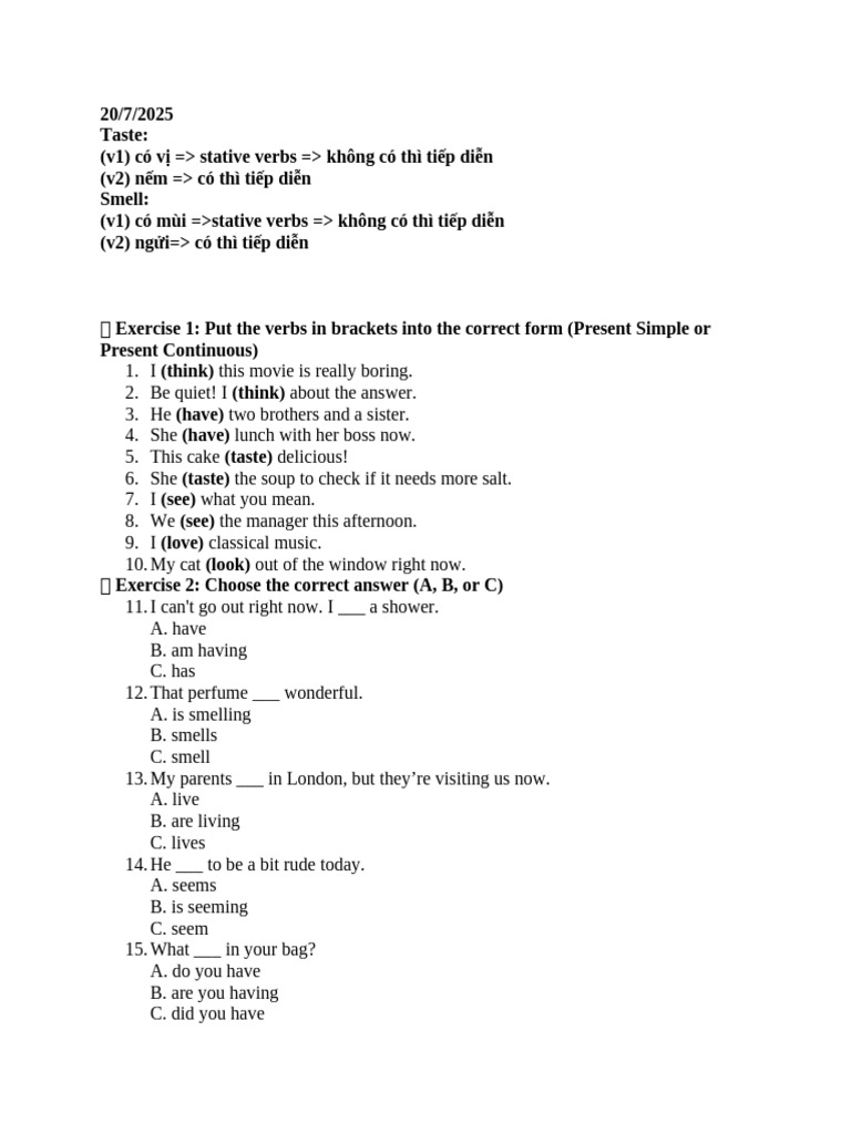 Unit 1 Stative Verbs | PDF
