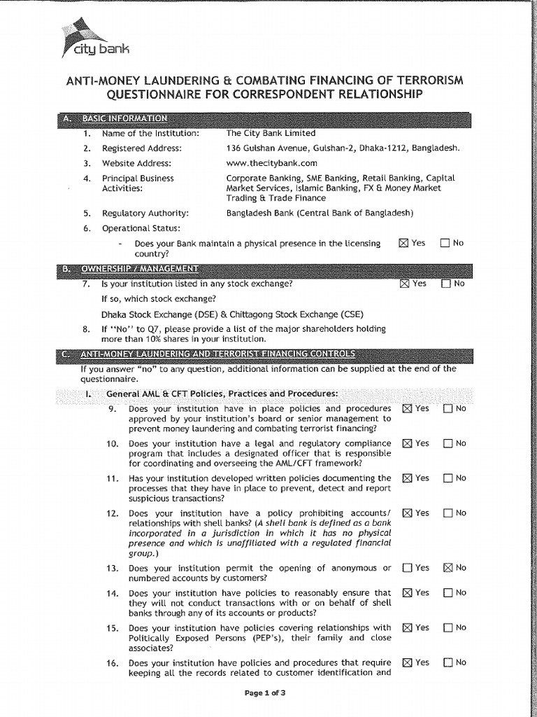 CBL AML CFT Questionnaire of BFIU 052022 | PDF