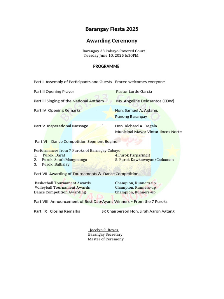 Revised Barangay 33 Awarding Ceremony Program | PDF