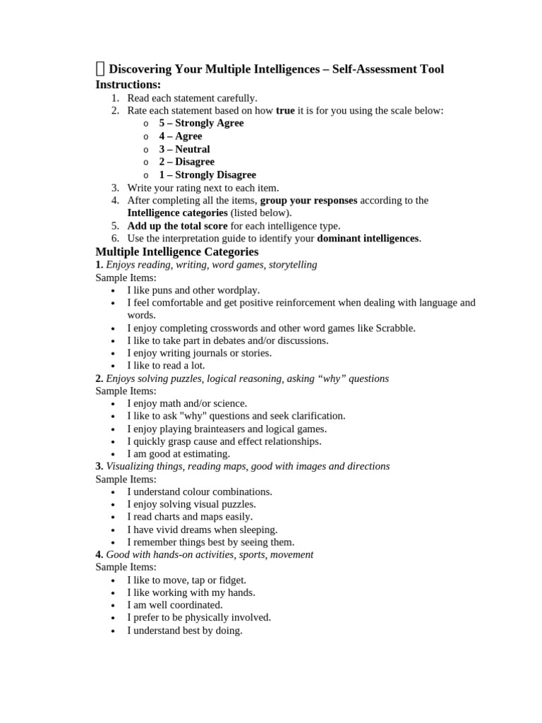 Multiple Intelligences Self-Assessment | PDF | Intelligence ...