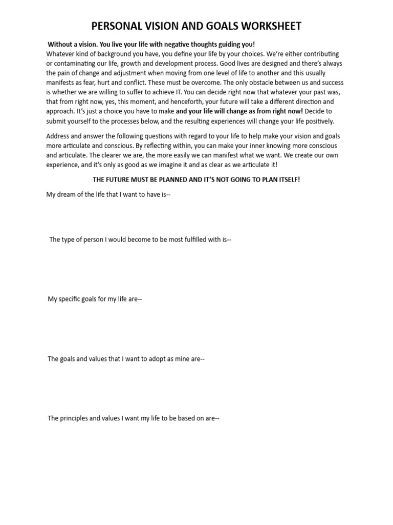 Personal Vision and Goals Worksheet | PDF | Experience | Cognition