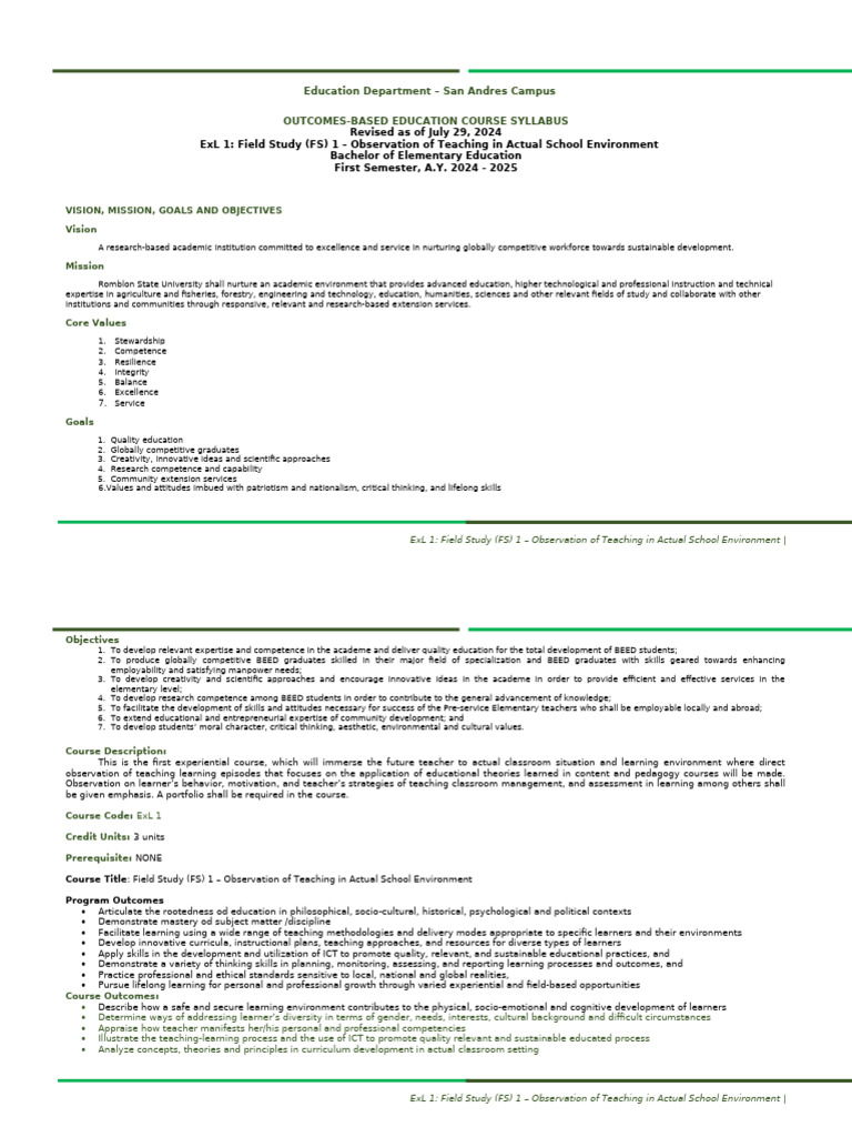 ExL 1: Field Study Syllabus Overview | PDF | Educational Assessment ...