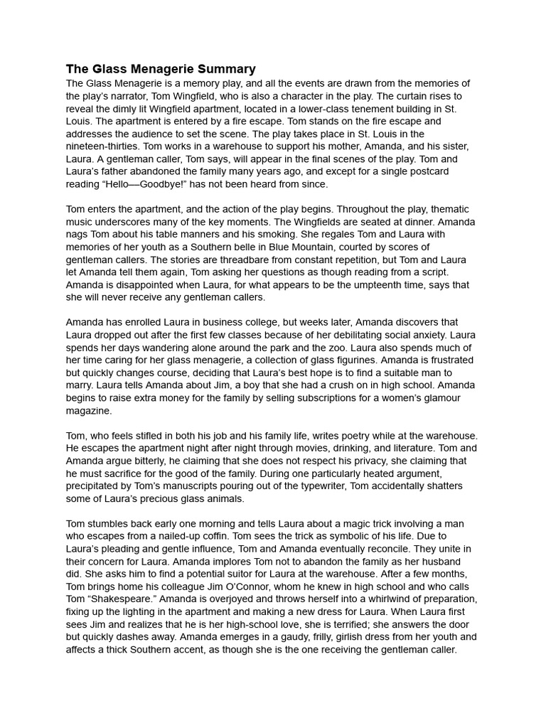The Glass Menagerie Summary | PDF